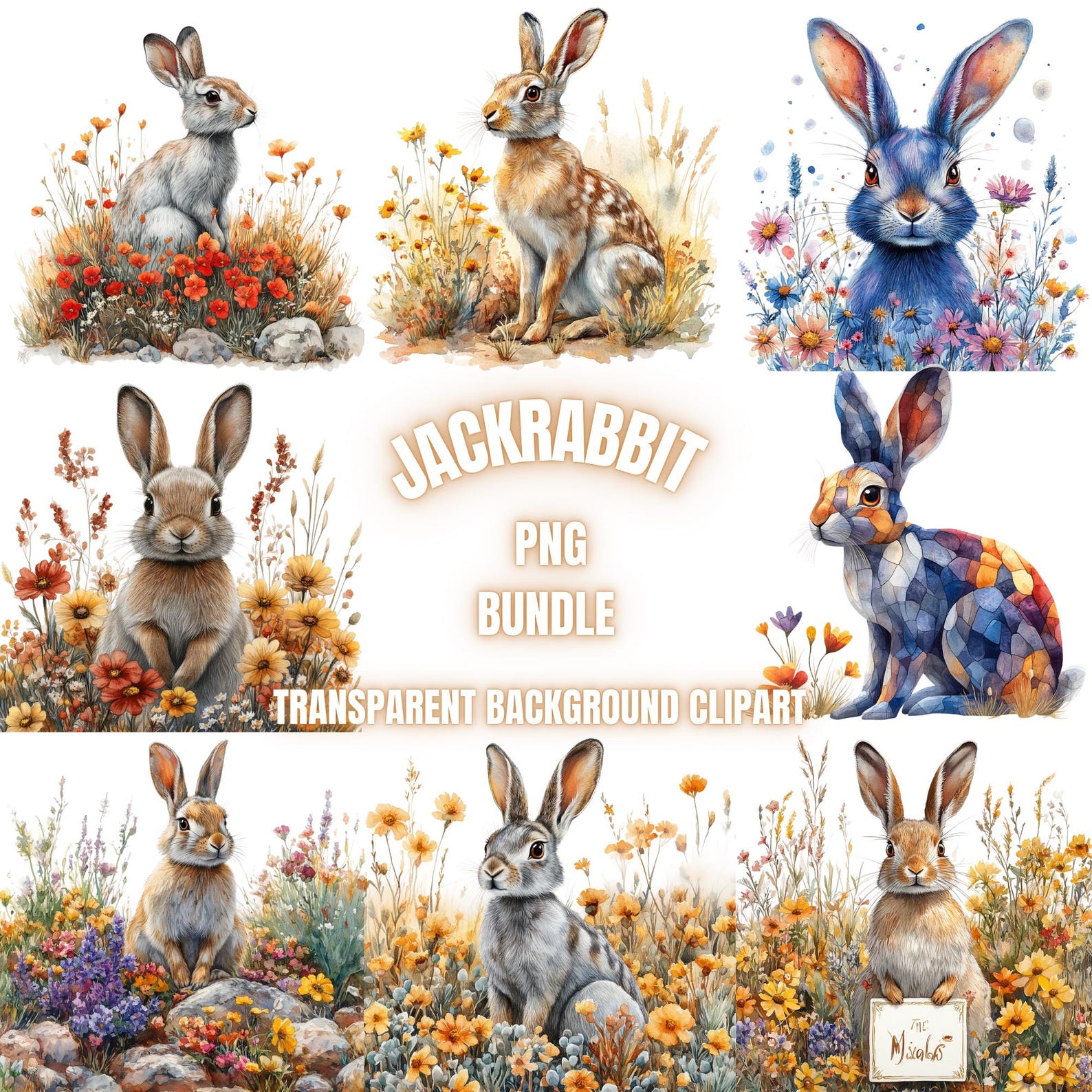34 Jackrabbit PNG Clipart Bundle, Watercolor Floral Jackrabbit Scenery ...