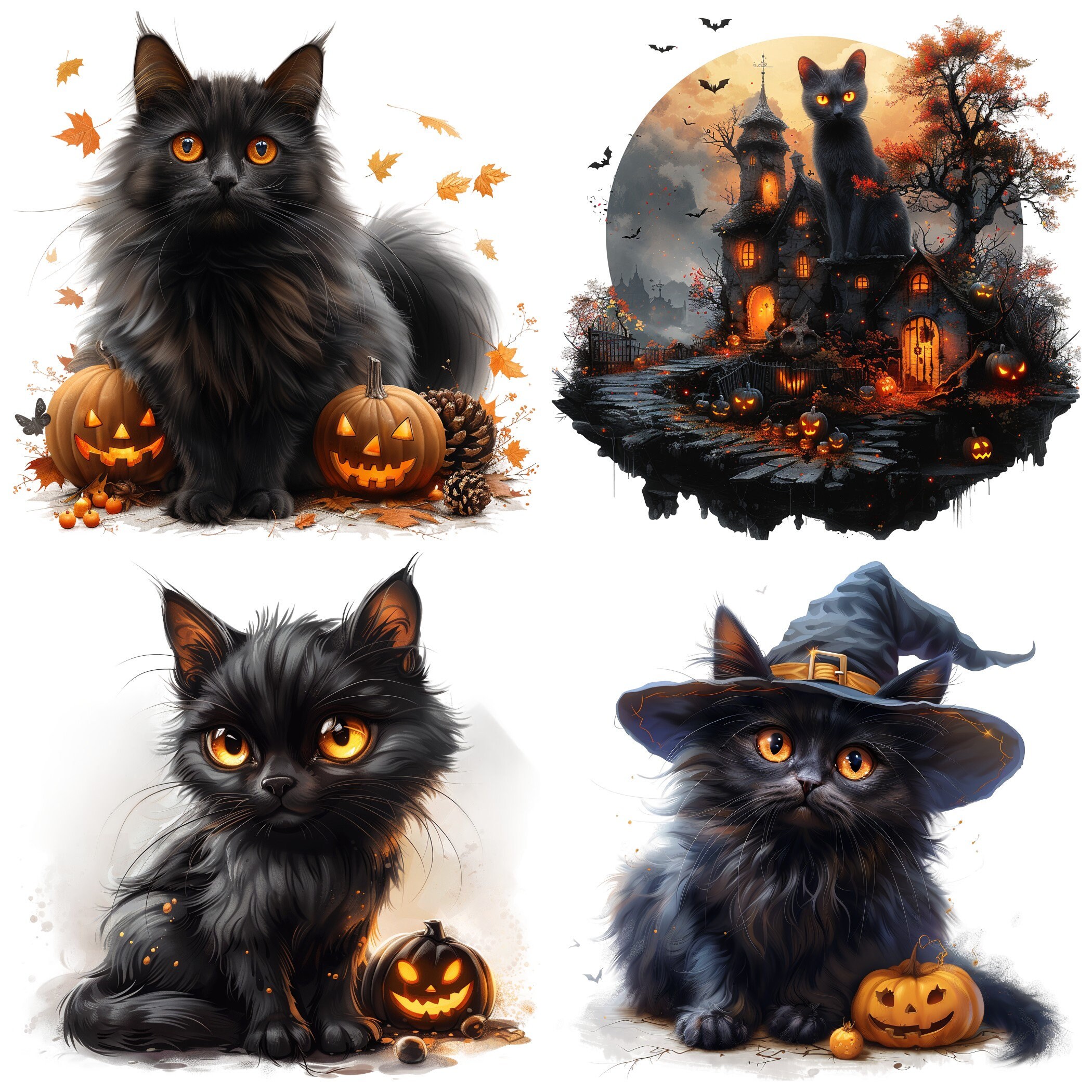 45 Halloween Black Cat PNG Clipart, Watercolor Spooky Cat Transparent ...