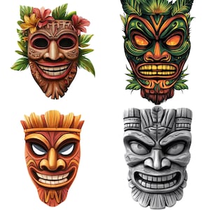 50 Hawaiian Tiki Mask PNG Clipart Bundle, Watercolor Tropical Tiki Mask ...