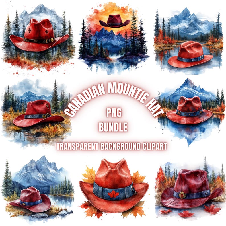 24 Canadian Mountie Hat PNG Clipart Bundle, Watercolor Mountain Hat ...