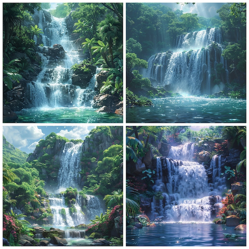 Waterfall Landscape PNG Clipart, Watercolor Tropical Rainforest Scenery ...