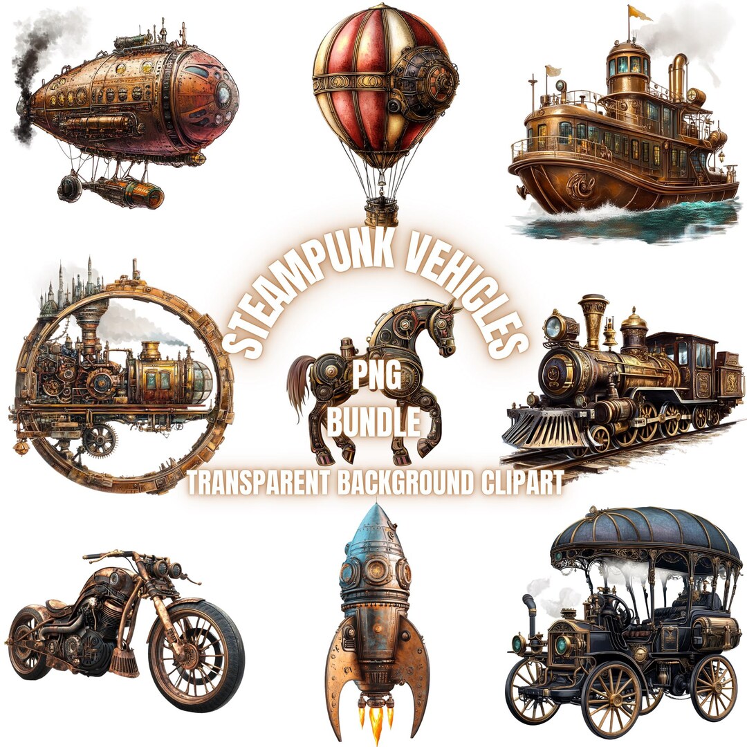 Steampunk Vehicles PNG Clipart Bundle, Watercolor Victorian Car ...
