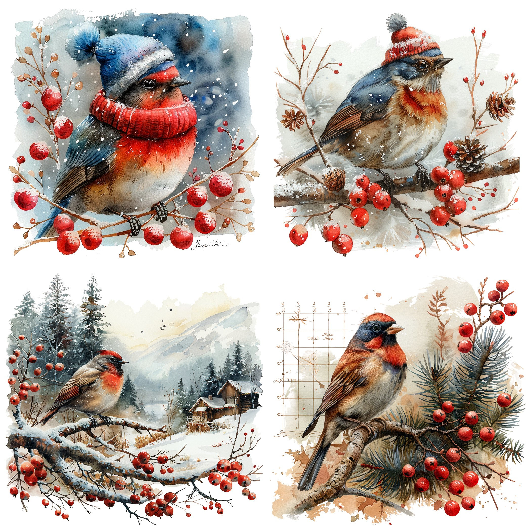 52 Christmas Bird PNG Clipart Bunlde, Watercolor Xmas Bird Transparent ...