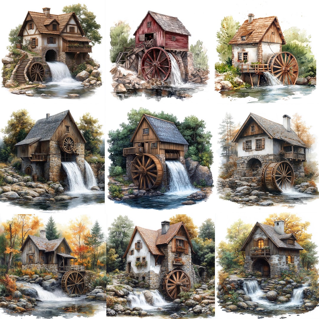 32 Rustic Watermill PNG Clip Art, Watercolor Vintage Old Mill Images ...