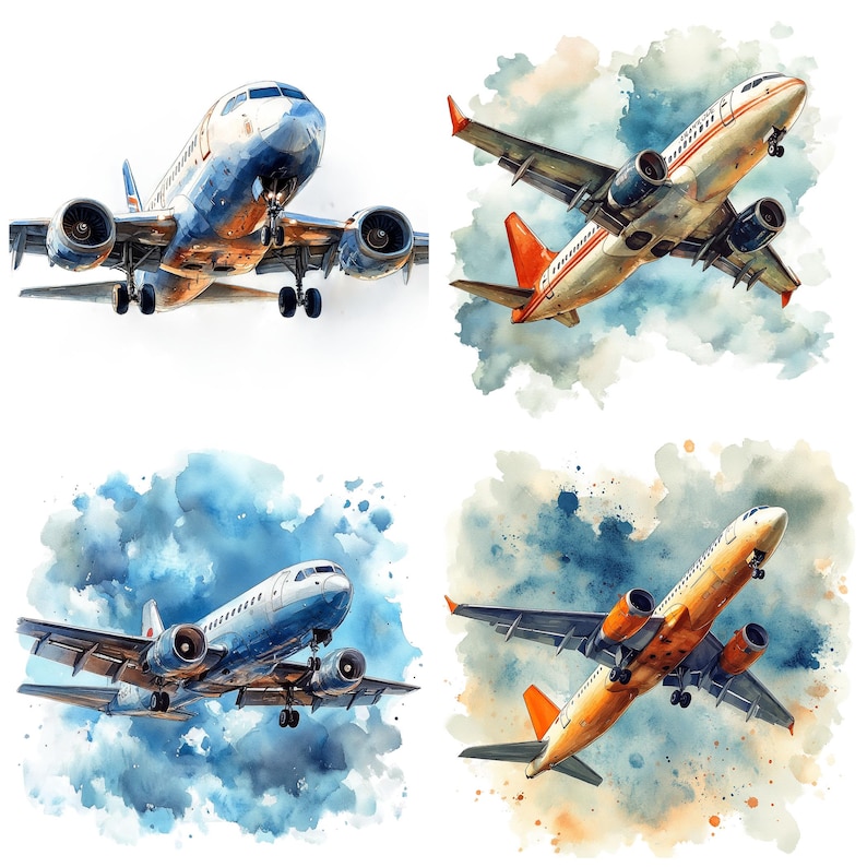 36 Watercolor Plane PNG Clipart Bundle, Passanger Planes Illustration ...