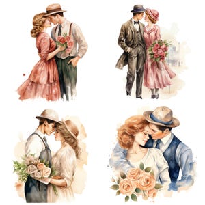 24 Romantic Couple PNG Clipart Bundle, Watercolor Vintage Couple in ...