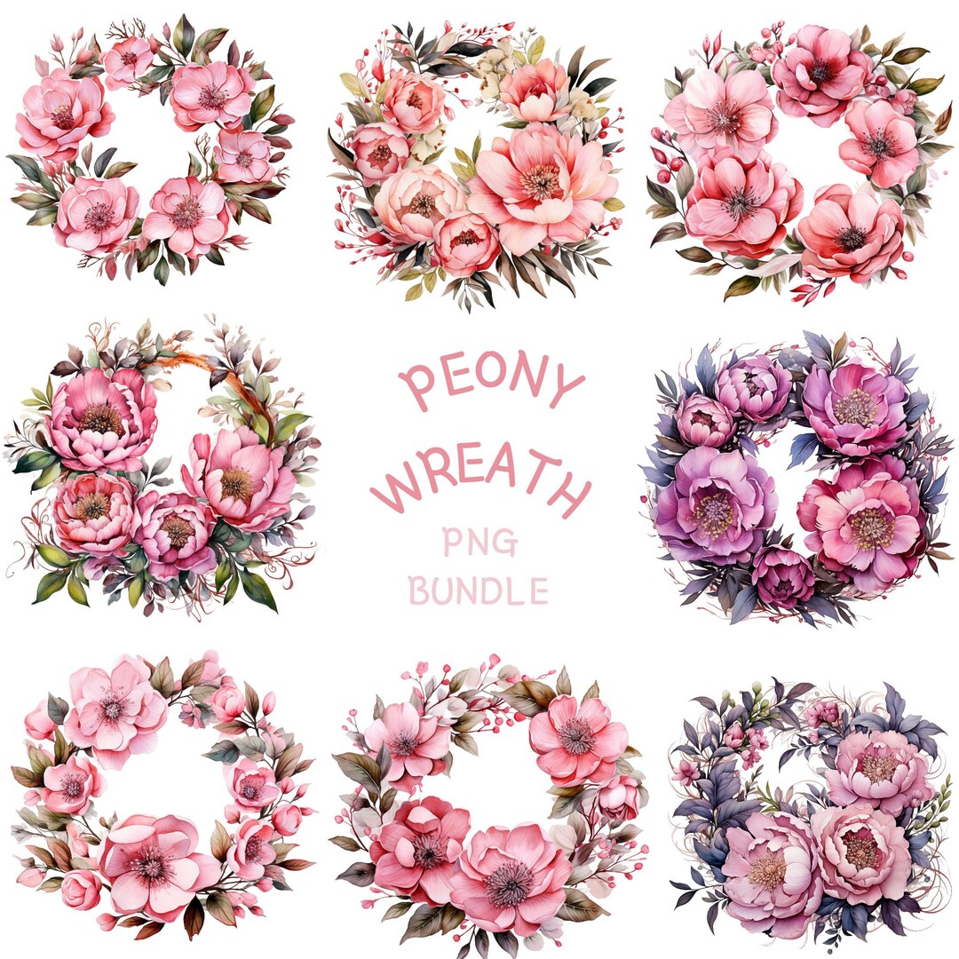 Peony Wreath PNG Clipart Bundle, Watercolor Floral Garland Art ...