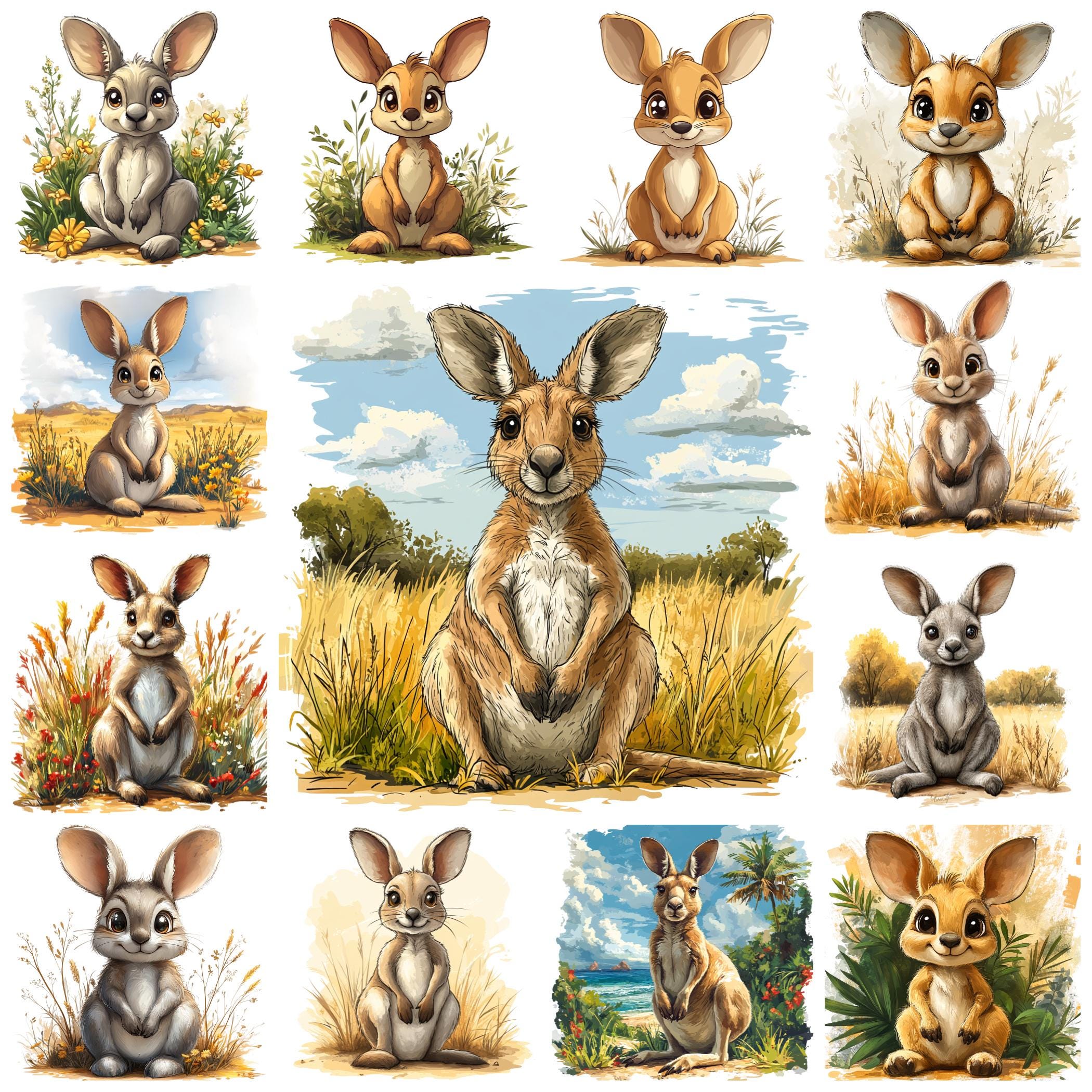 27 Cartoon Kangaroo PNG Clipart Bundle, Adorable Kangaroo Illustration ...