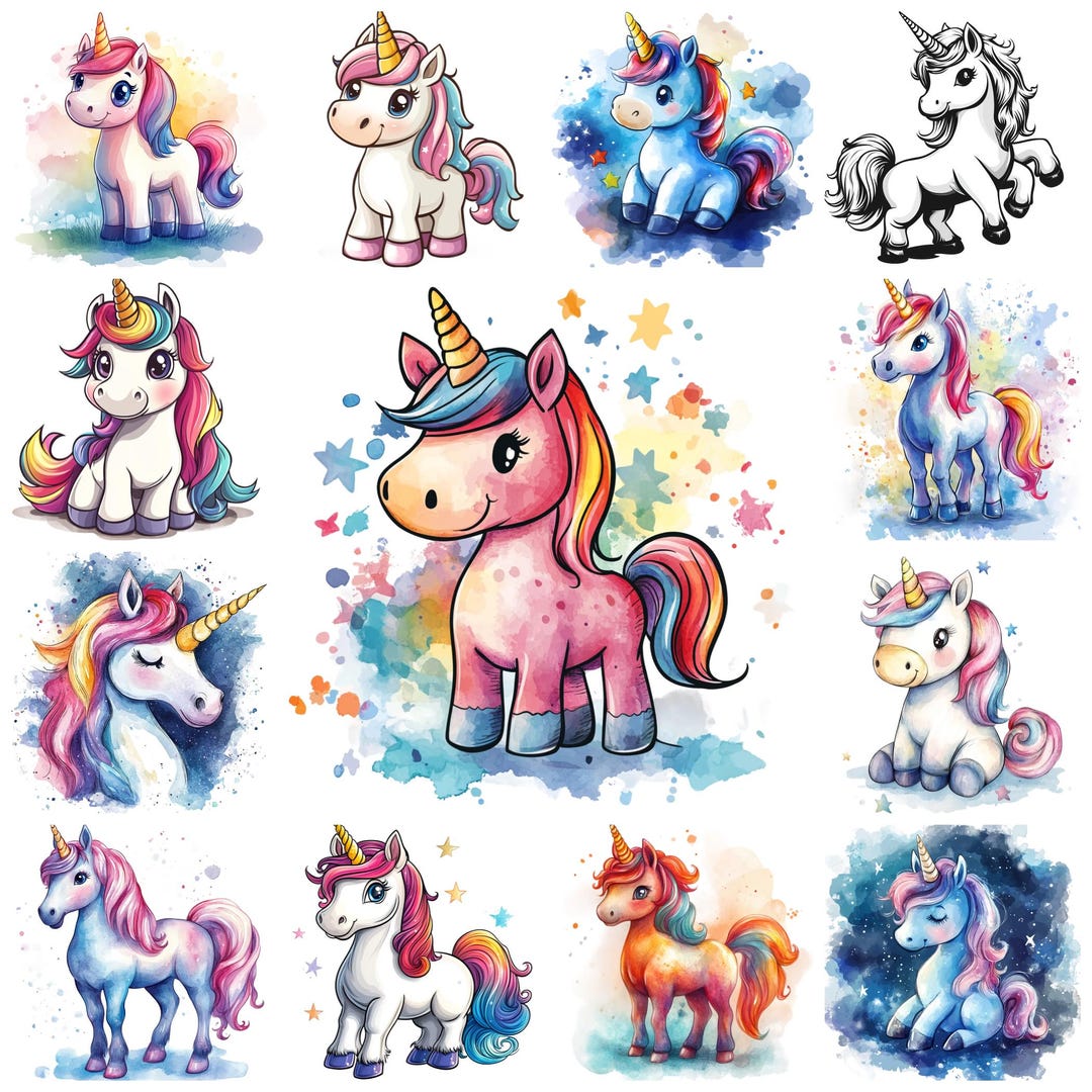 34 Unicorn Doodle PNG Clipart Bundle, Watercolor Unicorn Illustration ...