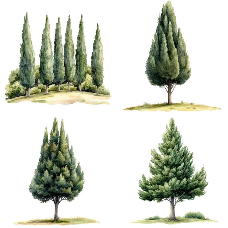 Cypress Tree PNG Clipart Bundle, Watercolor Cypress Tree Landscape ...