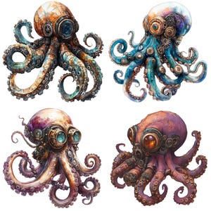 Steampunk Octopus PNG Clipart Bundle, Watercolor Victorian Mechanical ...