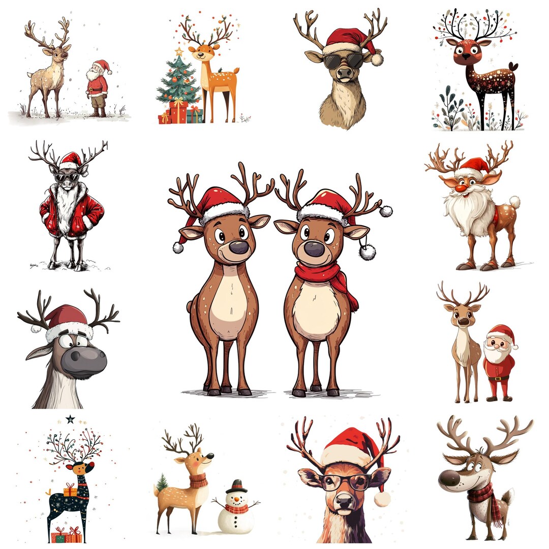 38 Quirky Reindeer Clipart PNG Bundle, Watercolor Christmas Cartoon ...