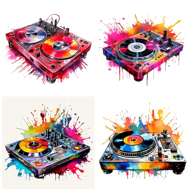 35 Dj Turntable PNG Clipart Bundle, Watercolor Music Mixer Images ...