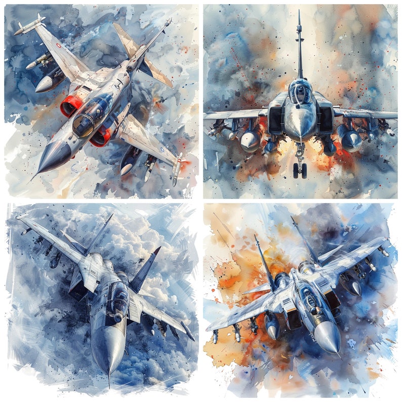 35 Jet Fighter PNG Clipart, Watercolor Supersonic Fighter Jet Scenery ...
