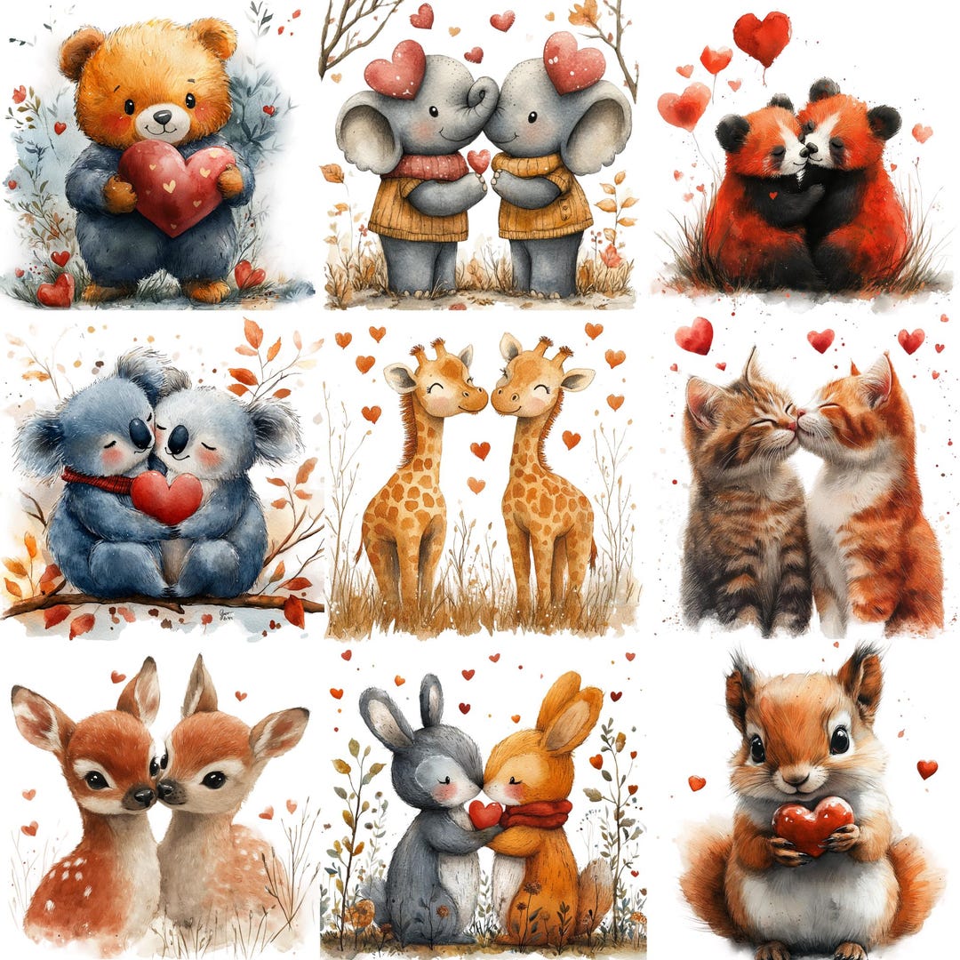 Valentine's Day Animals PNG Clipart Bundle, Watercolor Valentine's Day ...