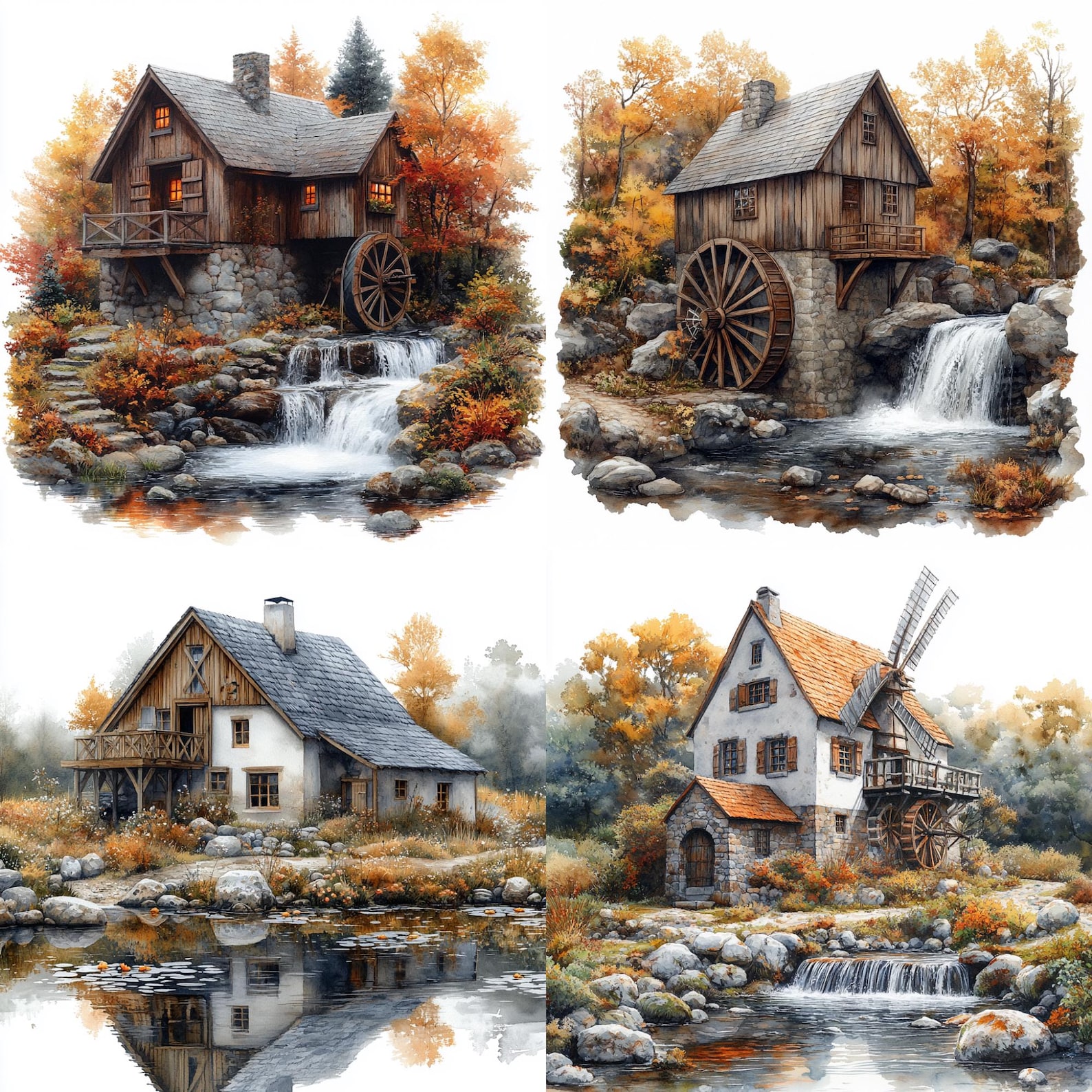 32 Rustic Watermill PNG Clip Art, Watercolor Vintage Old Mill Images ...