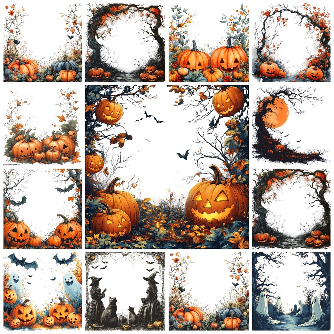 36 Halloween Border PNG Clipart Bundle, Watercolor Spoky Wreath ...
