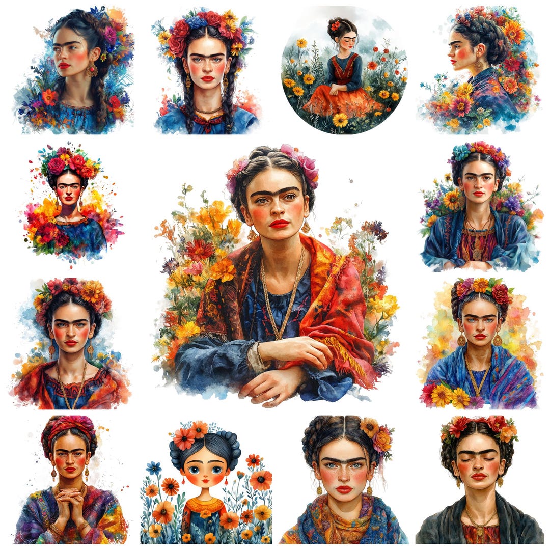 31 Frida Kahlo PNG Clipart Bundle, Watercolor Frida Kahlo Illustration ...