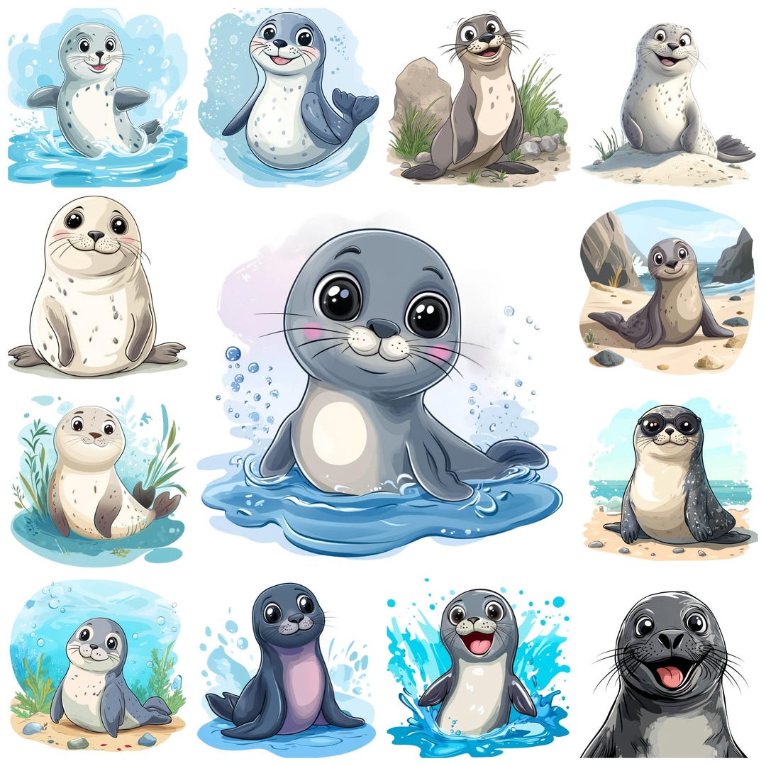 40 Adorable Seal PNG Clipart Bundle, Cartoon Funny Seal Illustration ...