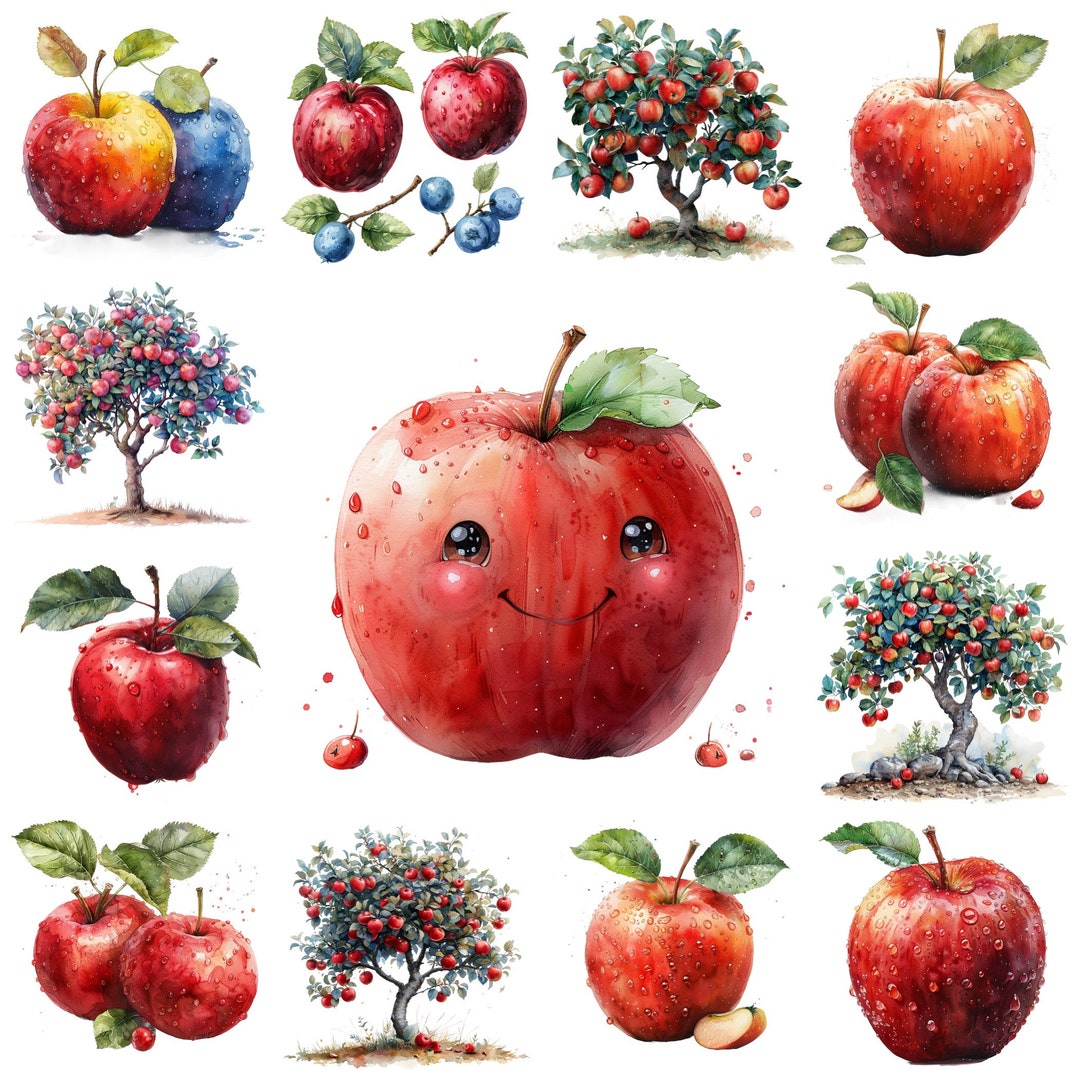 38 Watercolor Apple PNG Clipart Bundle, Red Apple Fruit Transparent BG ...