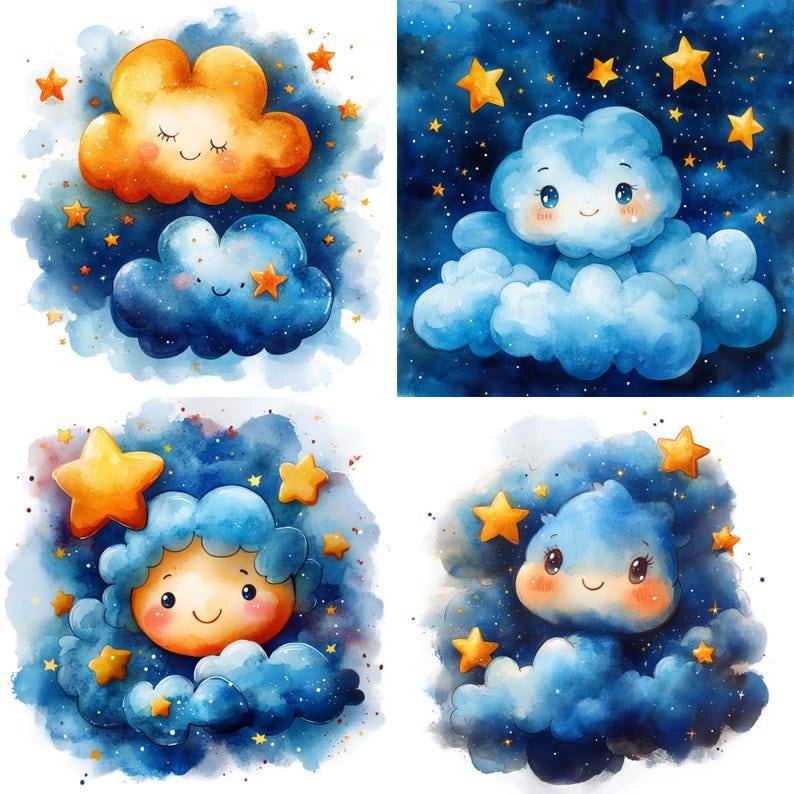 Cute Cloud With Stars PNG Clipart Bundle, Watercolor Cute Baby Shower ...