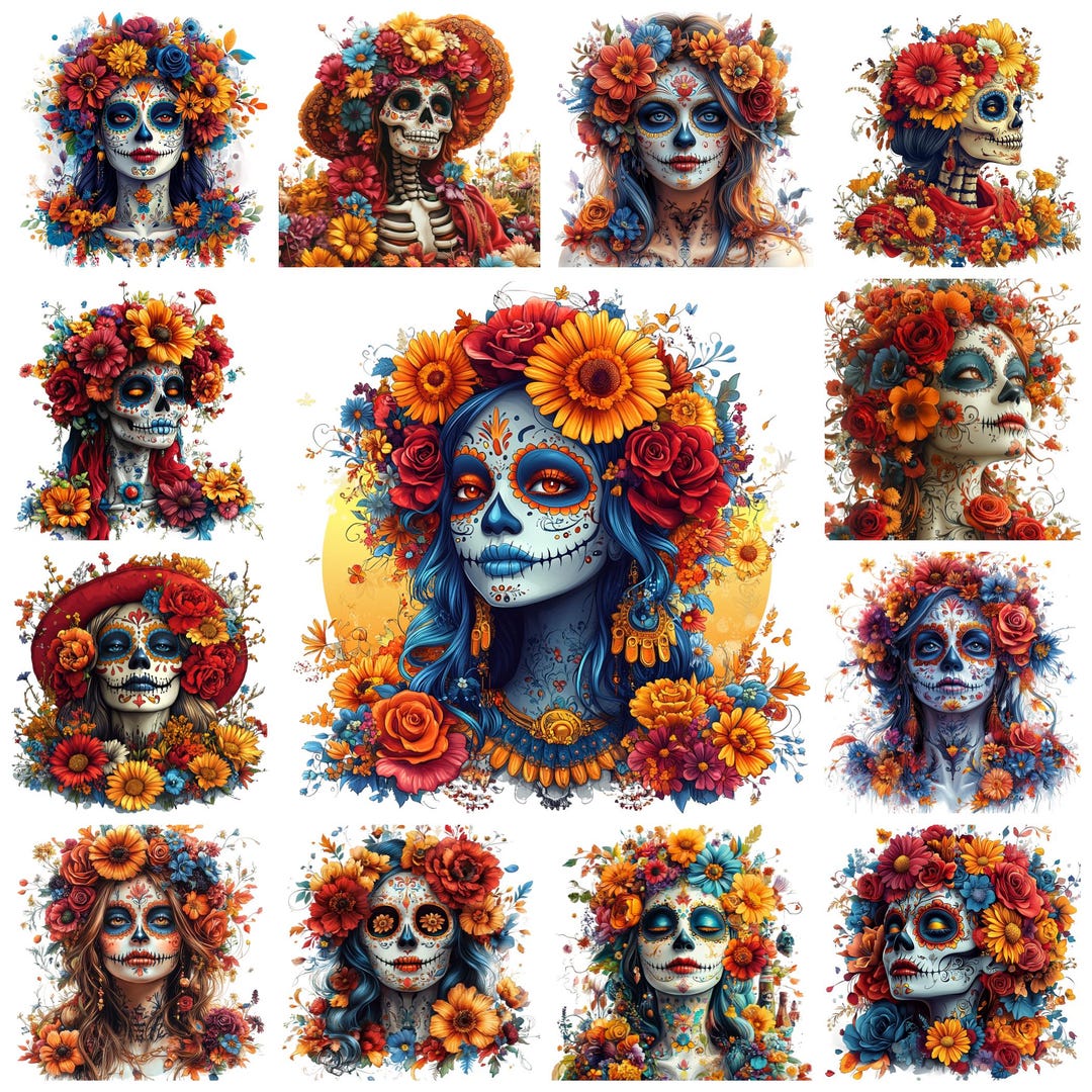 40 La Catrina PNG Clipart Bundle, Illustration colorée de peinture pour ...