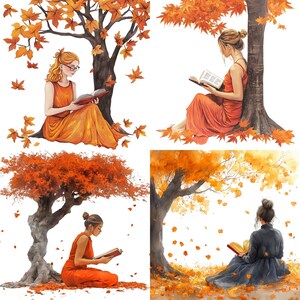 Woman Reading Book Under Autumn Tree PNG Clipart Bundle, Watercolor ...