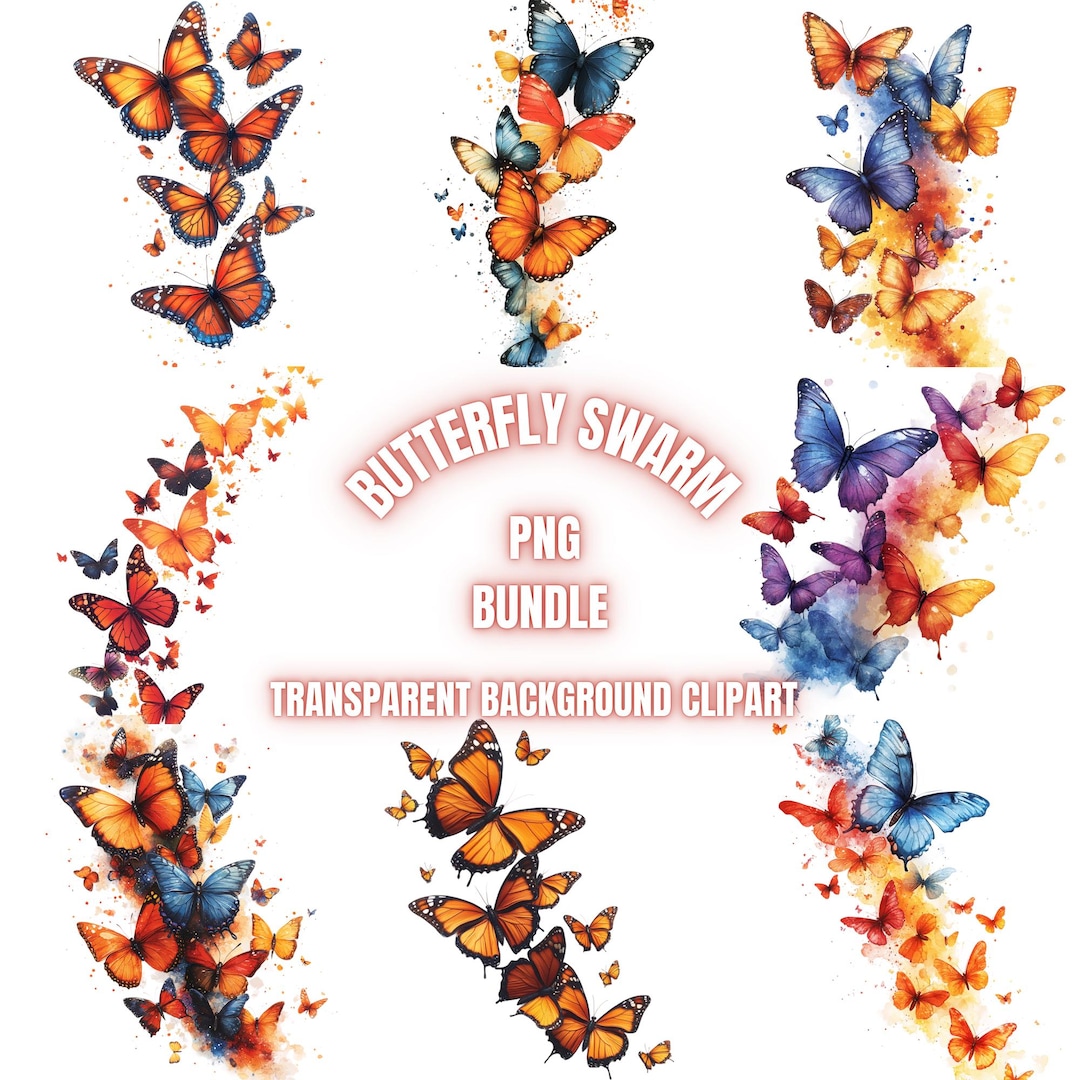 28 Butterfly Swarm PNG Clipart Bundle, Watercolor Adorable Butterfly ...