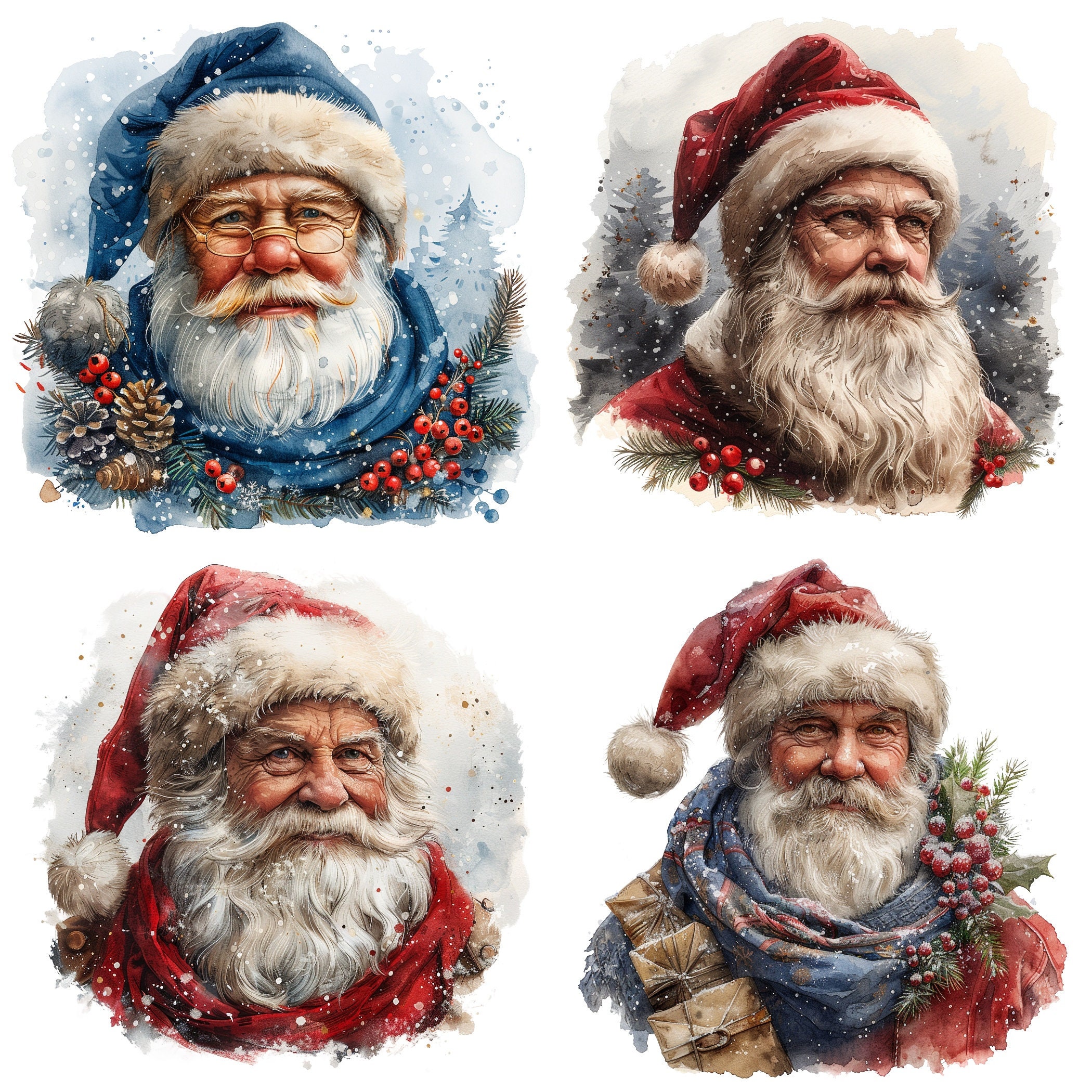 Vintage Santa Claus PNG Clipart Collection, Watercolor Retro Santa ...
