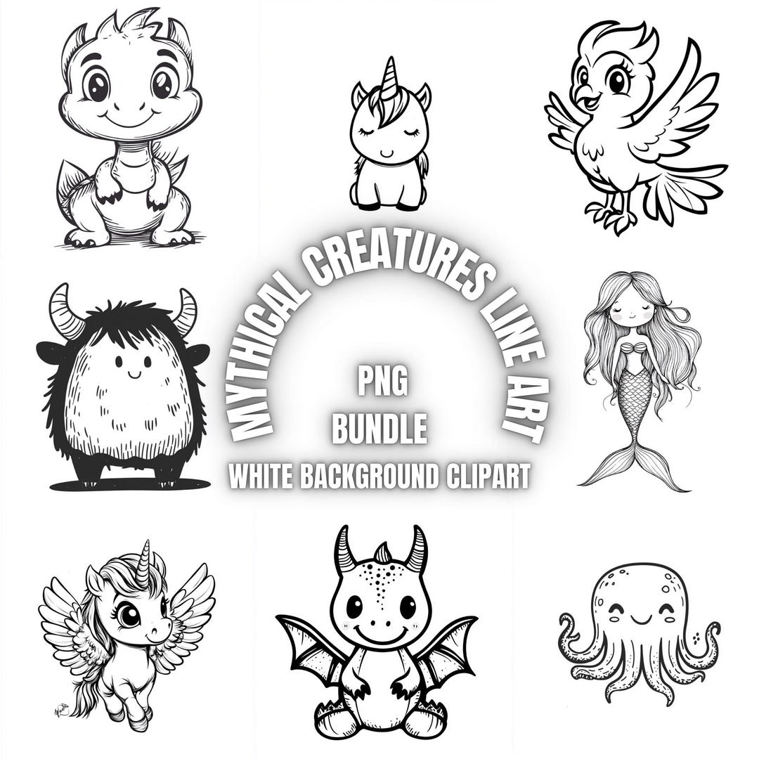Mythical Creatures Line Art PNG Clipart Bundle, Abstract Line Line Art ...