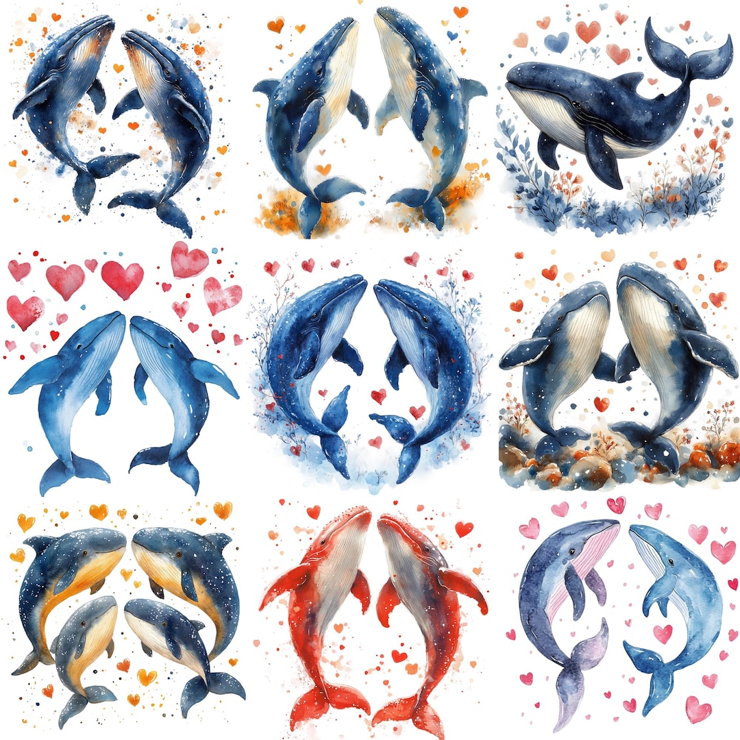 Valentine's Day Whale PNG Clipart Bundle, Watercolor Valentine's Day ...