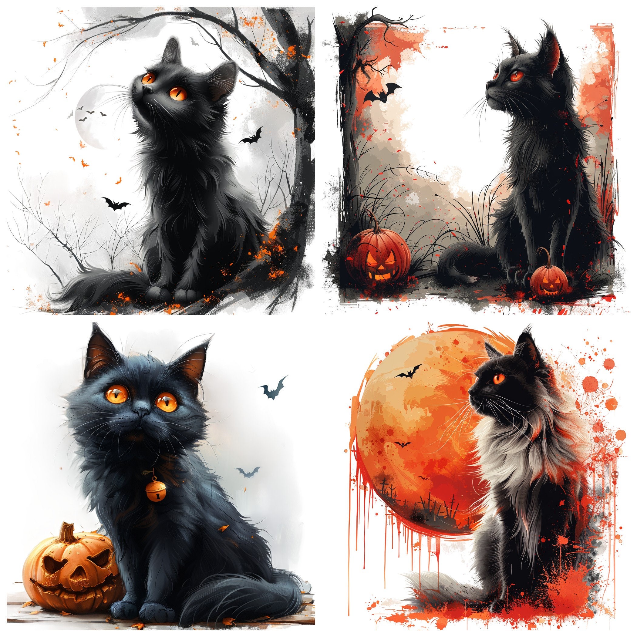 45 Halloween Black Cat PNG Clipart, Watercolor Spooky Cat Transparent ...