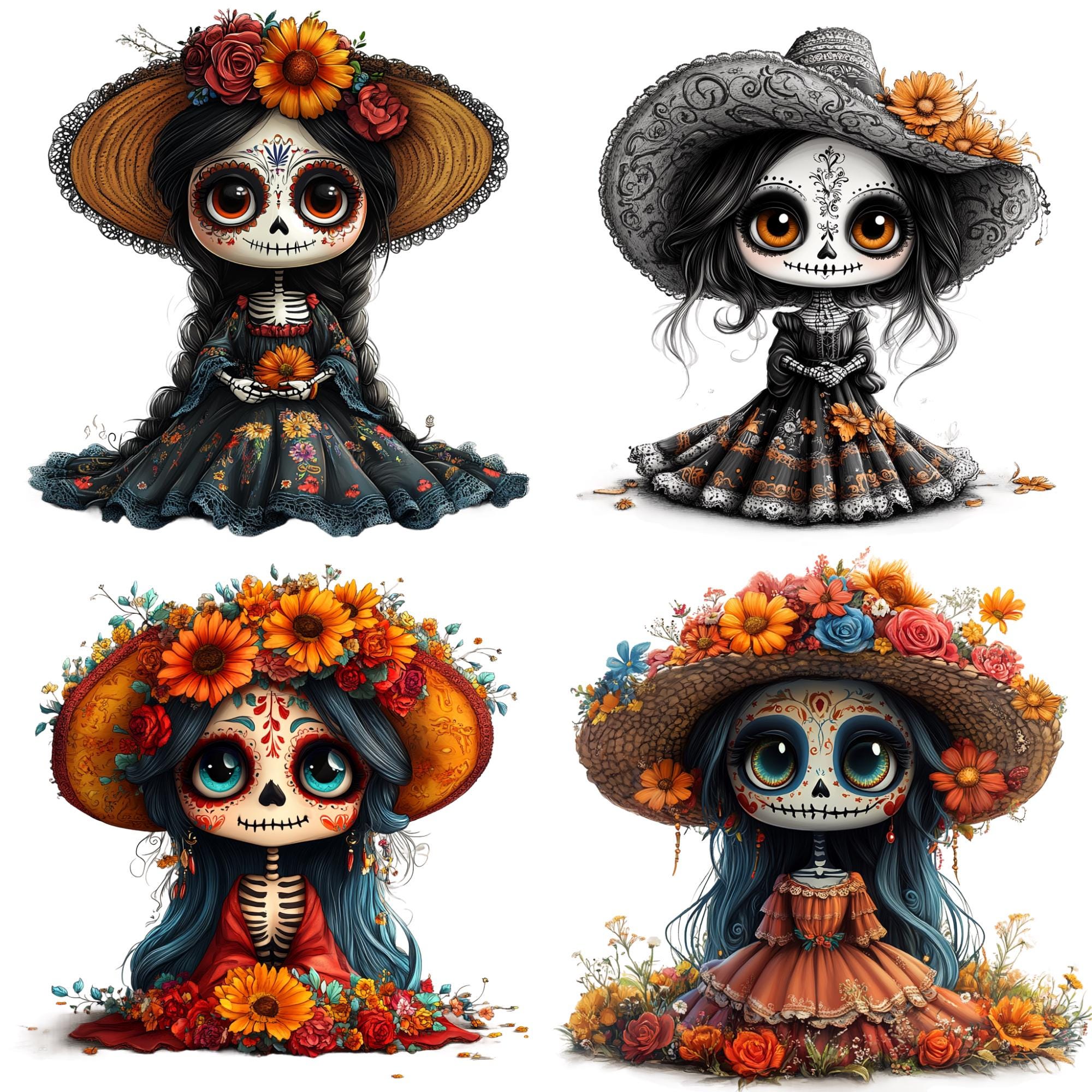40 Chibi La Catrina PNG Clipart Bundle, illustration d'art folklorique ...