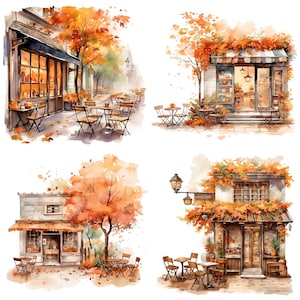 50 Fall Season Coffee Shop Scenery PNG Clipart Bundle, Watercolor Cozy ...