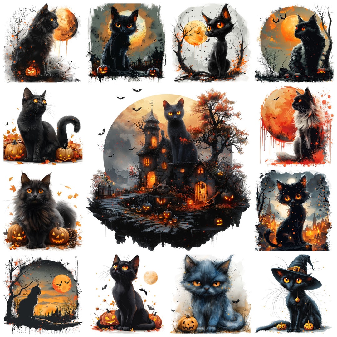 45 Halloween Black Cat PNG Clipart, Watercolor Spooky Cat Transparent ...