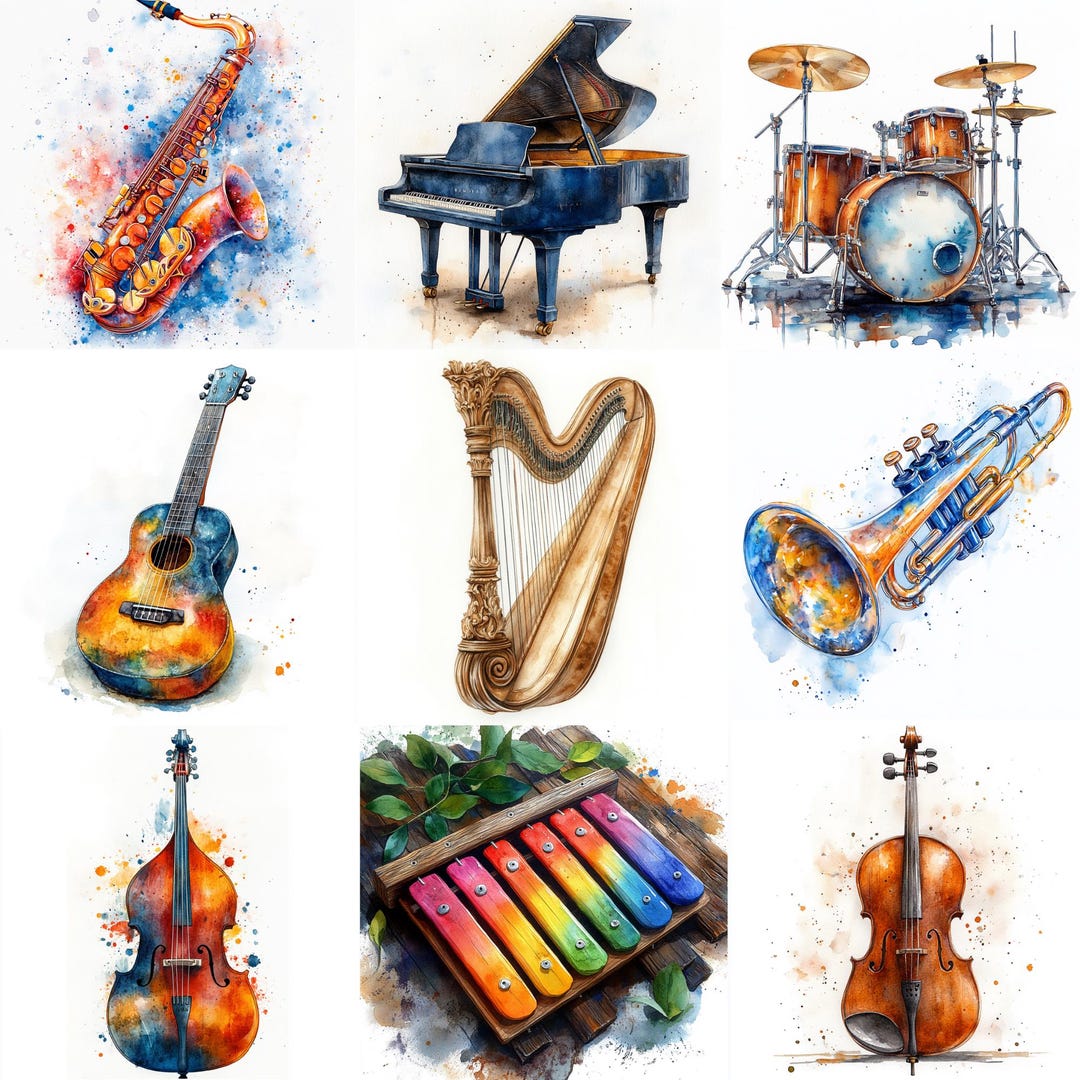 70 Musical Instruments PNG Clip Art Bundle, Watercolor Images ...