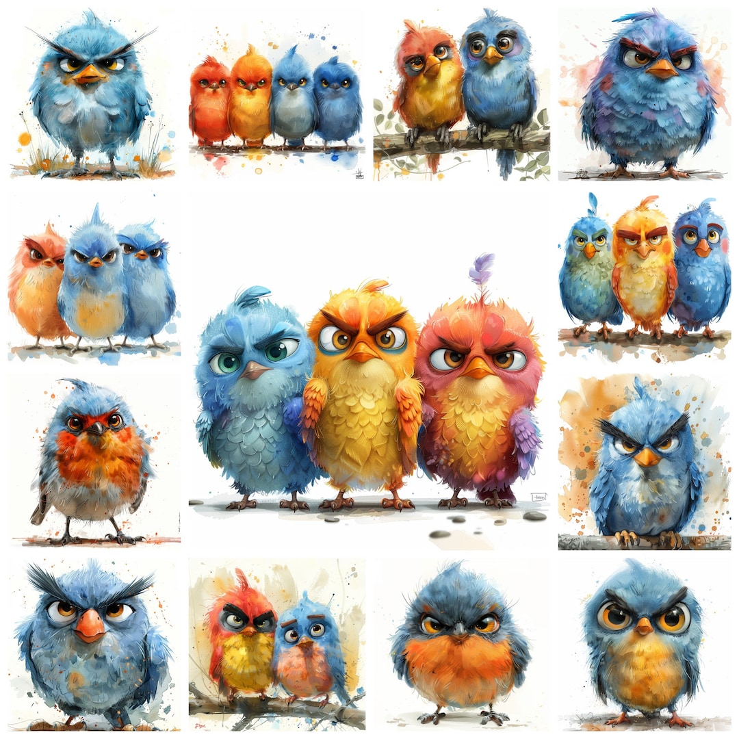 40 Grumpy Birds PNG Clipart, Watercolor Moody Bird Illustration ...