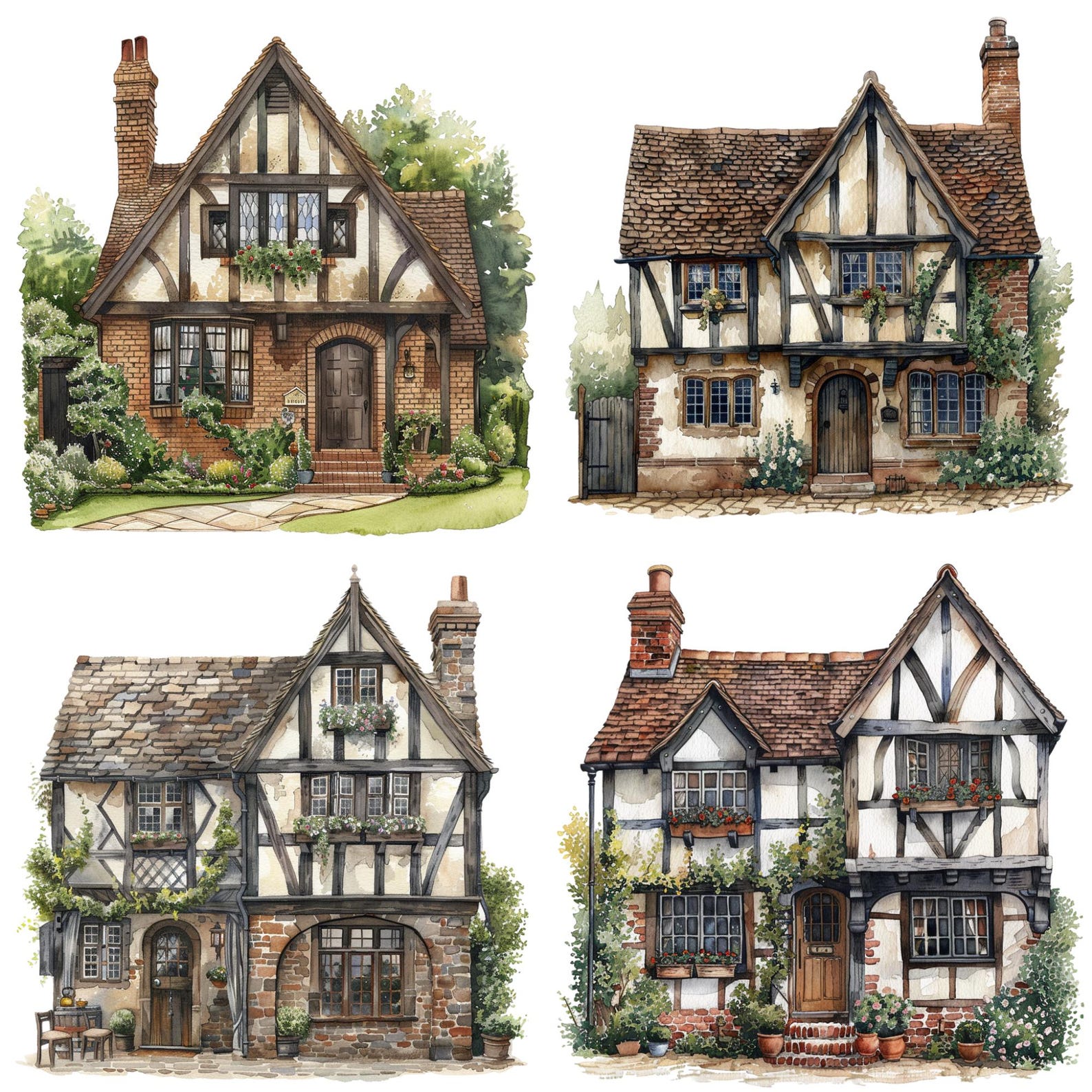English Tudor House PNG Clipart Bundle, Traditional House Illustration ...