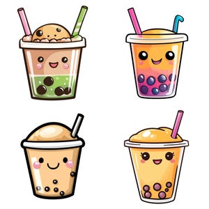 Kawaii Boba Tea PNG Clipart Bundle, Watercolor Illustration (commercial ...