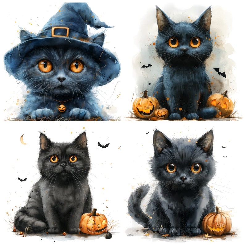 45 Halloween Black Cat PNG Clipart, Watercolor Spooky Cat Transparent ...
