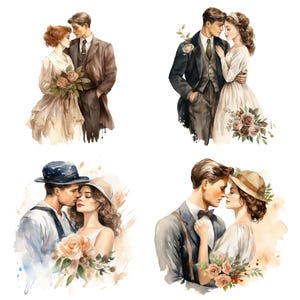 24 Romantic Couple PNG Clipart Bundle, Watercolor Vintage Couple in ...