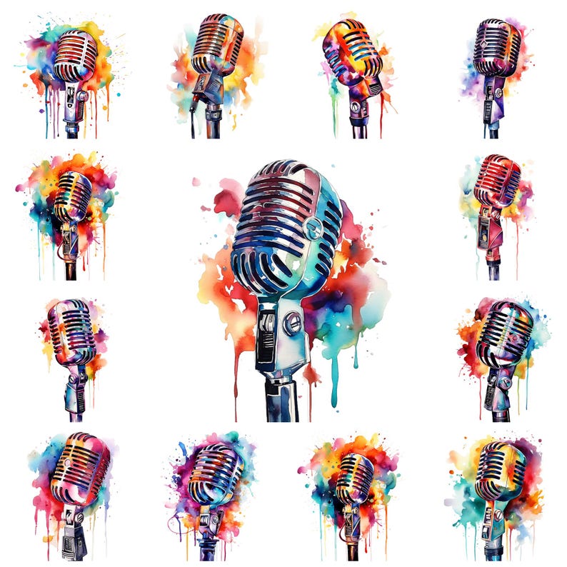 Watercolor Microphone Clipart Bundle, Vintage Vocal Images (PNG Digital ...