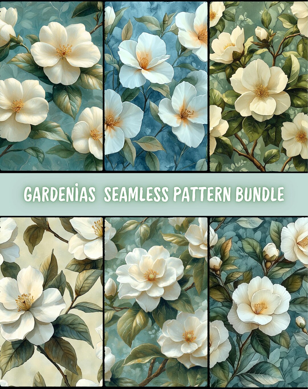 Gardenias Flower Seamless Pattern PNG Bundle, Watercolor Commercial Use ...