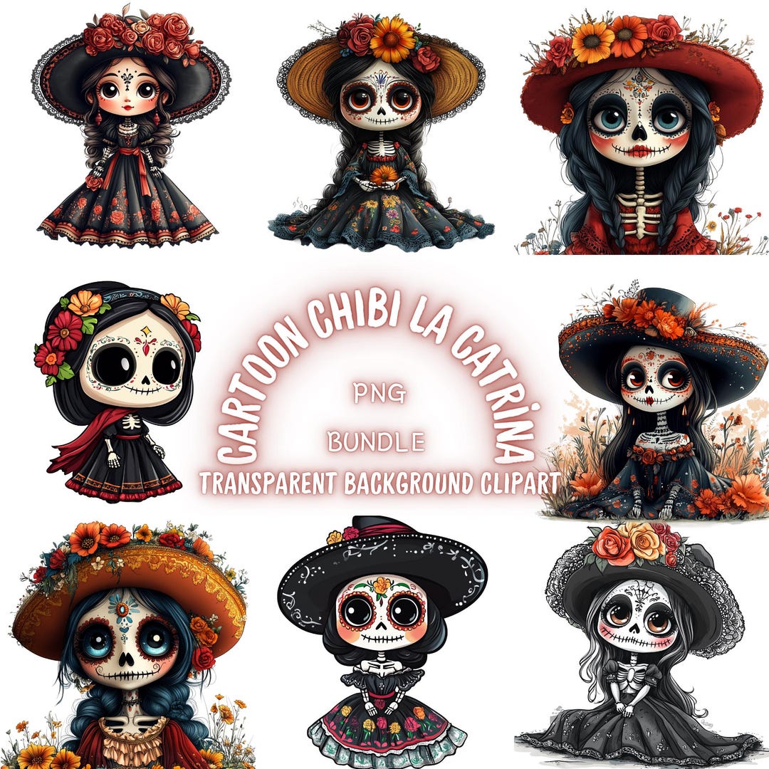 40 Chibi La Catrina PNG Clipart Bundle, Cartoon Day of Dead Mexican ...