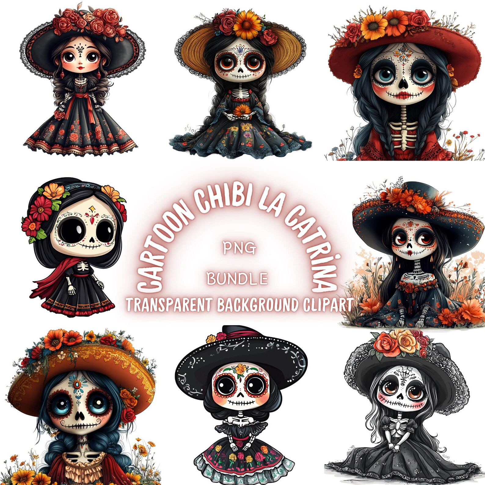 Paquete de 40 imágenes prediseñadas PNG de La Catrina Chibi ...