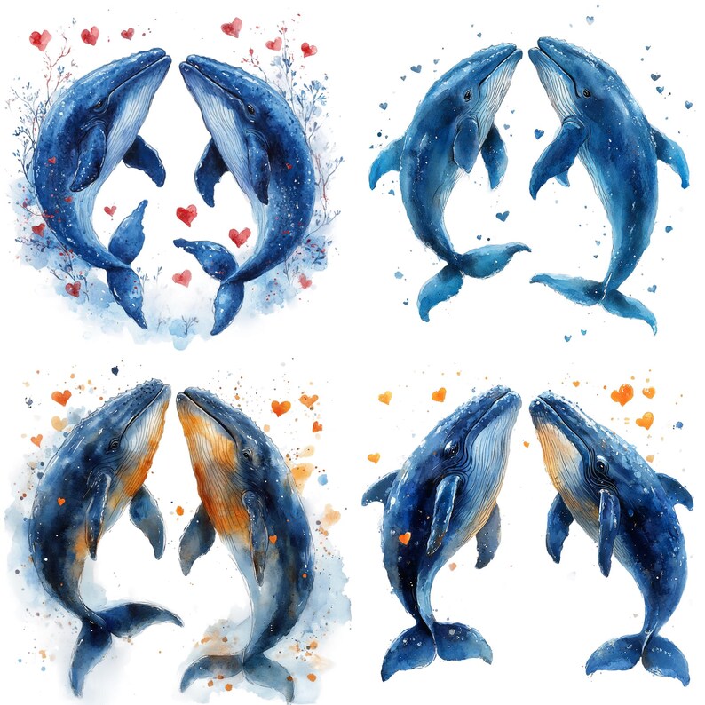 Valentine's Day Whale PNG Clipart Bundle, Watercolor Valentine's Day ...