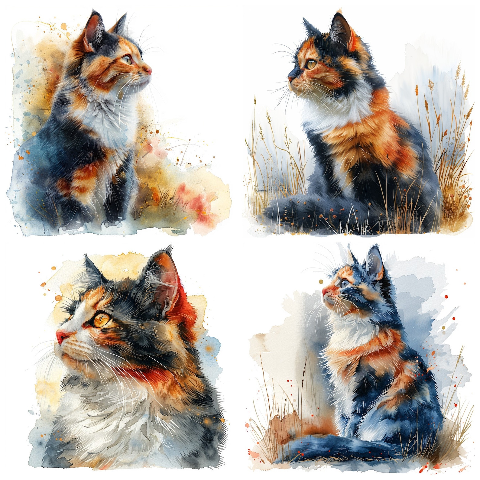 Calico Cat PNG Clipart, Watercolor 41 Tricolor Cat Transparent BG ...