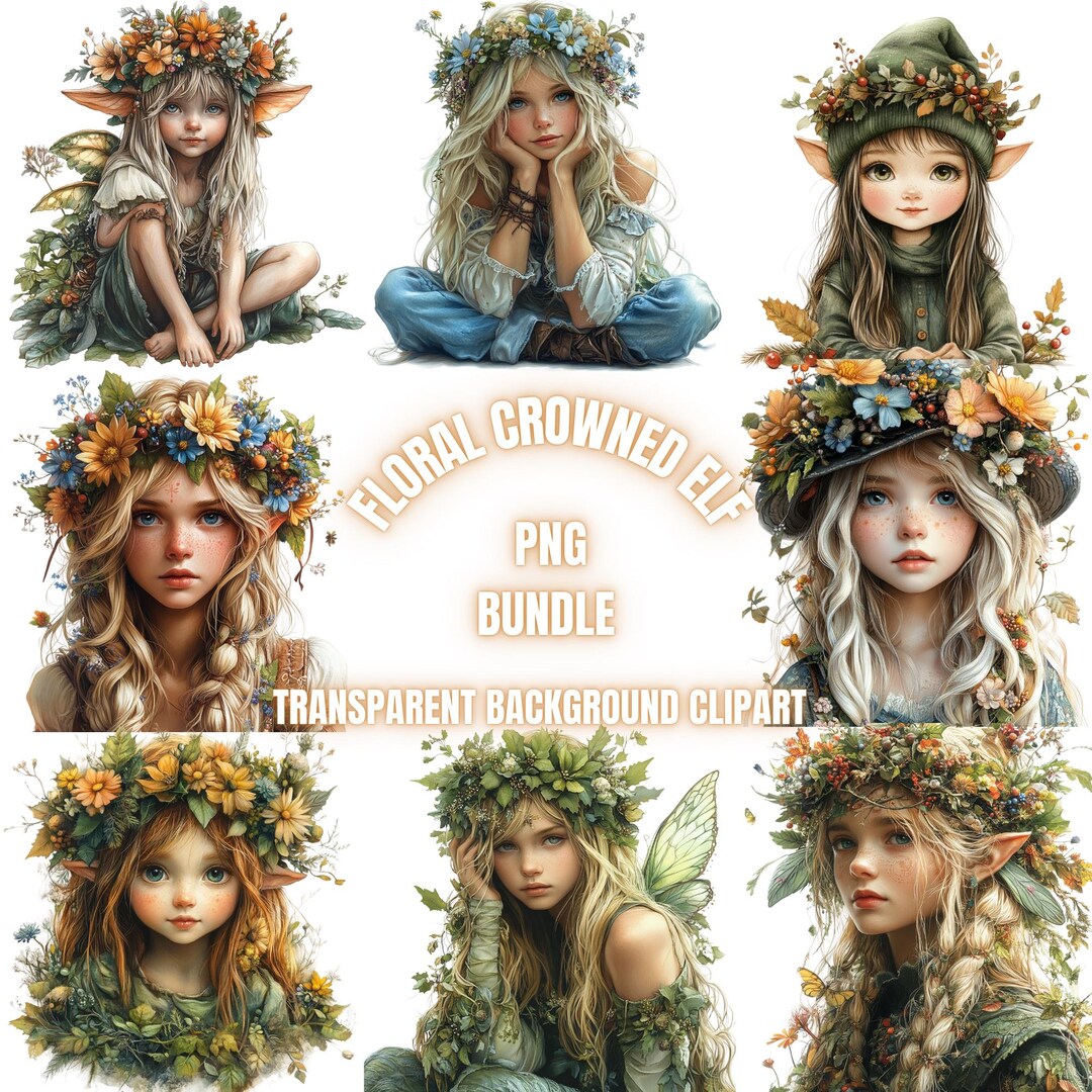 27 Floral Crowned Elf PNG Clipart Bundle, Watercolor Adorable Elf With ...