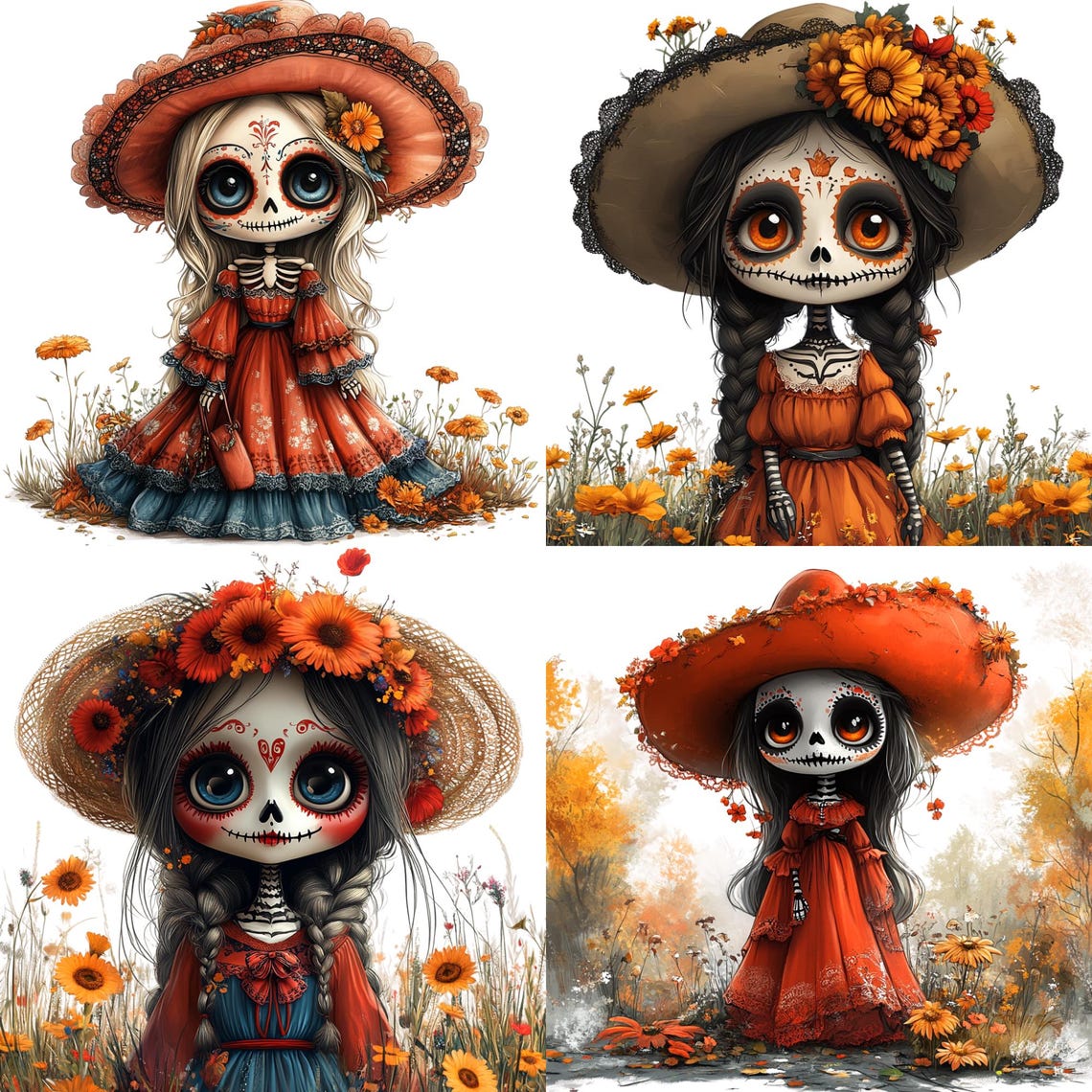 40 Chibi La Catrina PNG Clipart Bundle, illustration d'art folklorique ...
