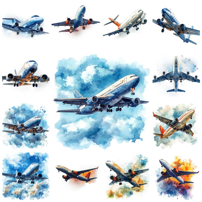 36 Watercolor Plane PNG Clipart Bundle, Passanger Planes Illustration ...